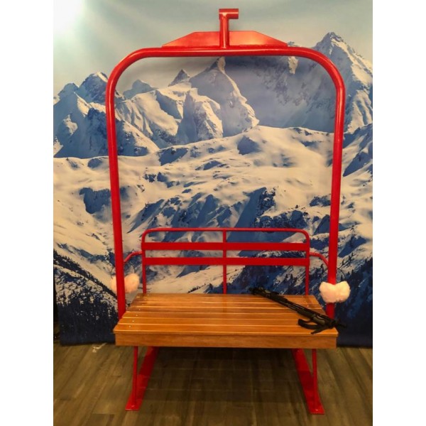 SKI LIFT-Chair/Red Metal Frame W/Wood Plank Seat | propNspoon